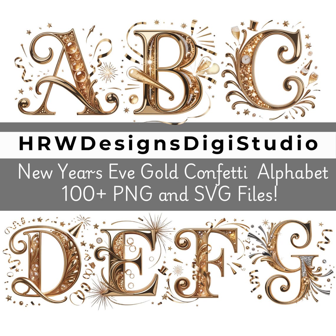 New Years Eve Gold Confetti Alphabet Clipart Bundle PNG SVG - Etsy