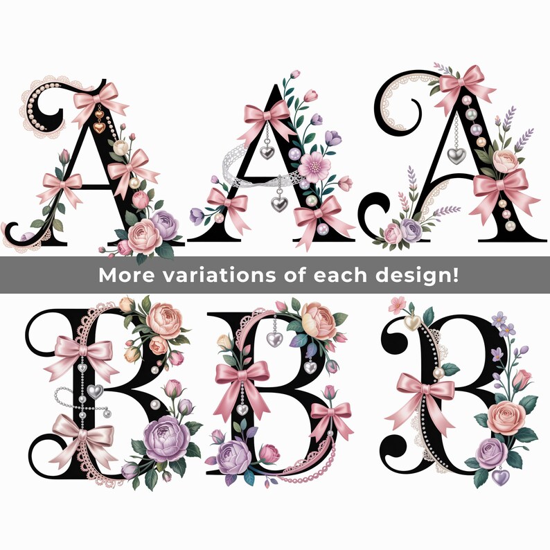 Elegant Coquette Floral Alphabet PNG SVG, Bow Letter Monogram Clipart ...