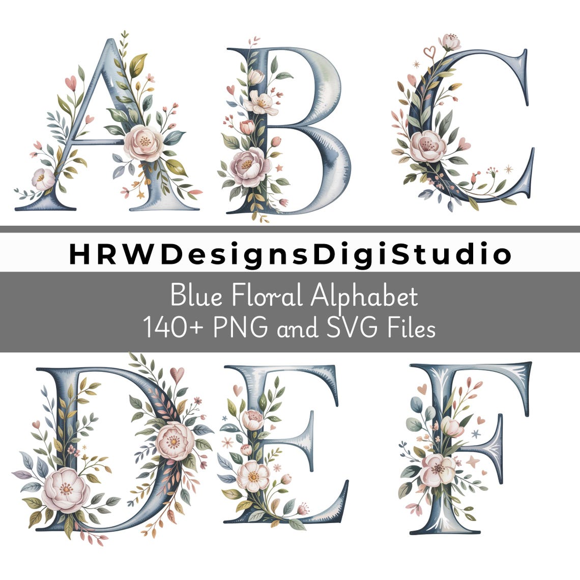 Blue Floral Alphabet Clipart, Floral Letter Alphabet PNG, Botanical ...