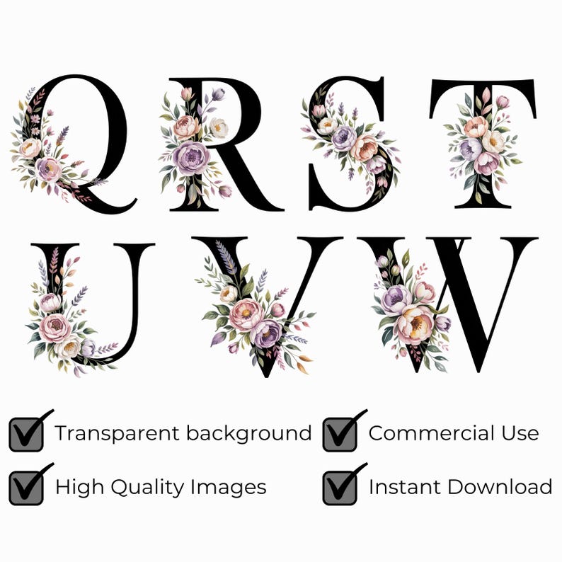 Elegant Boho Floral Alphabet, Botanical Monogram Letters & Numbers, PNG ...