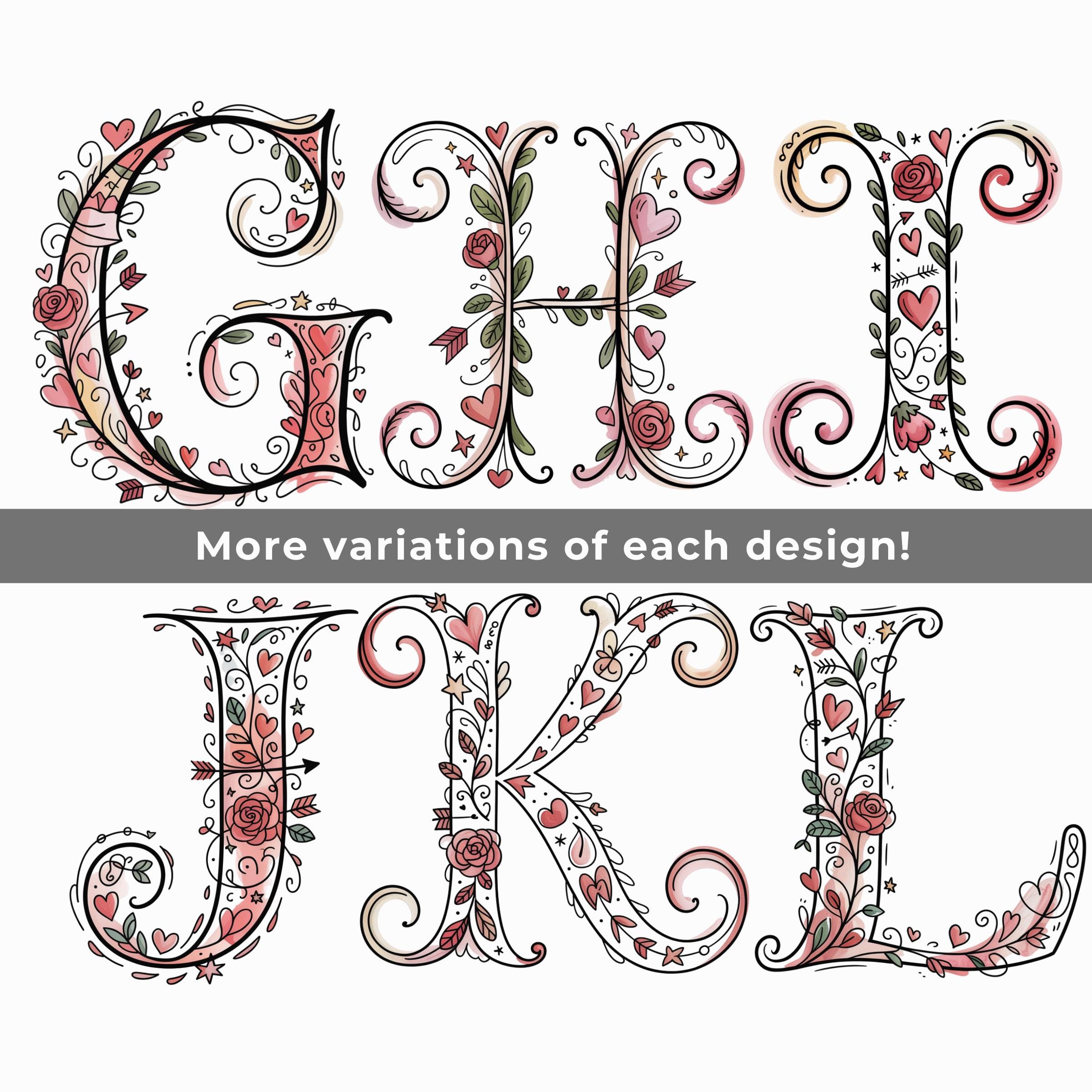 Valentines Doodle Alphabet, Hand Drawn Floral Letters, Romantic Clipart ...