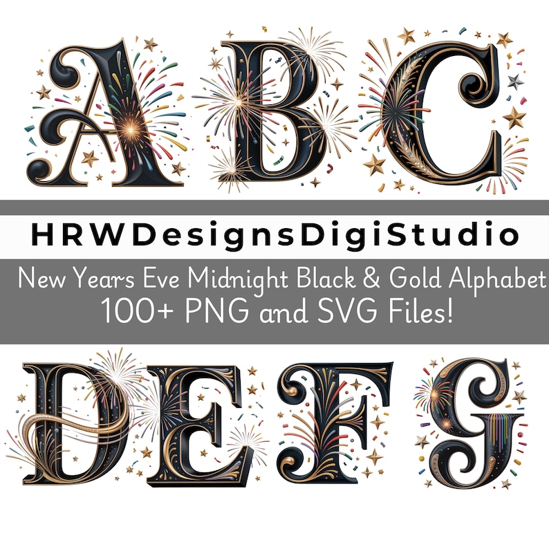 New Years Eve Black & Gold Alphabet, Fireworks Letters and Numbers, PNG ...