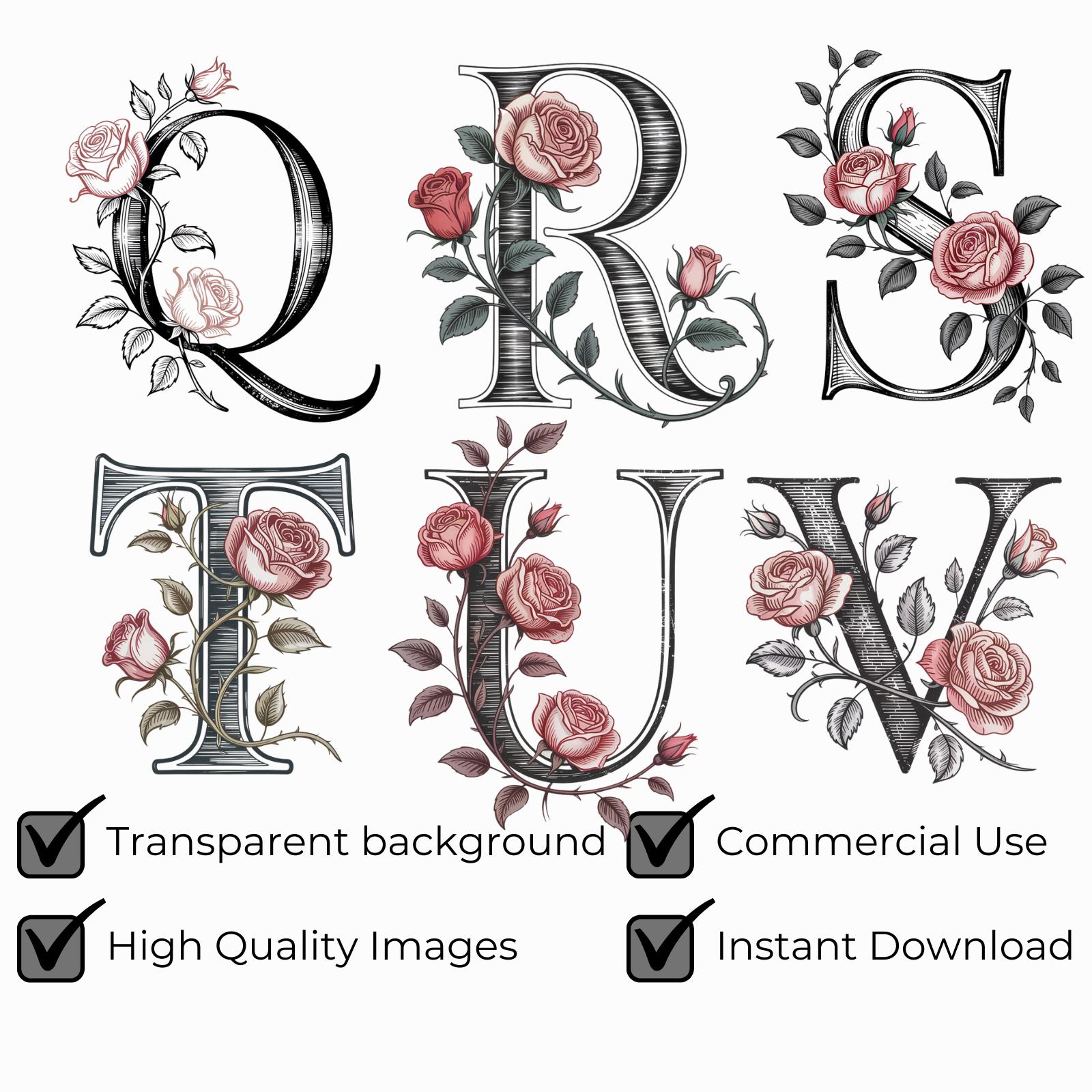 Gothic Rose Alphabet Clipart, Dark Vintage Engraved Letters PNG SVG ...