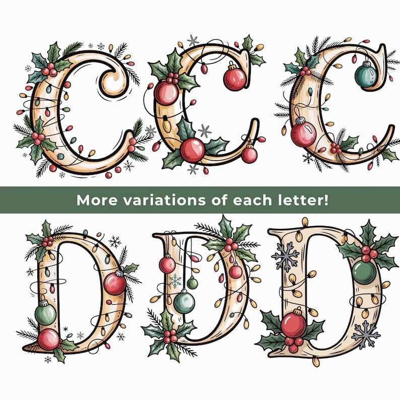 Christmas Lights Alphabet Clipart, Holly Letter PNG SVG Set, Xmas ...