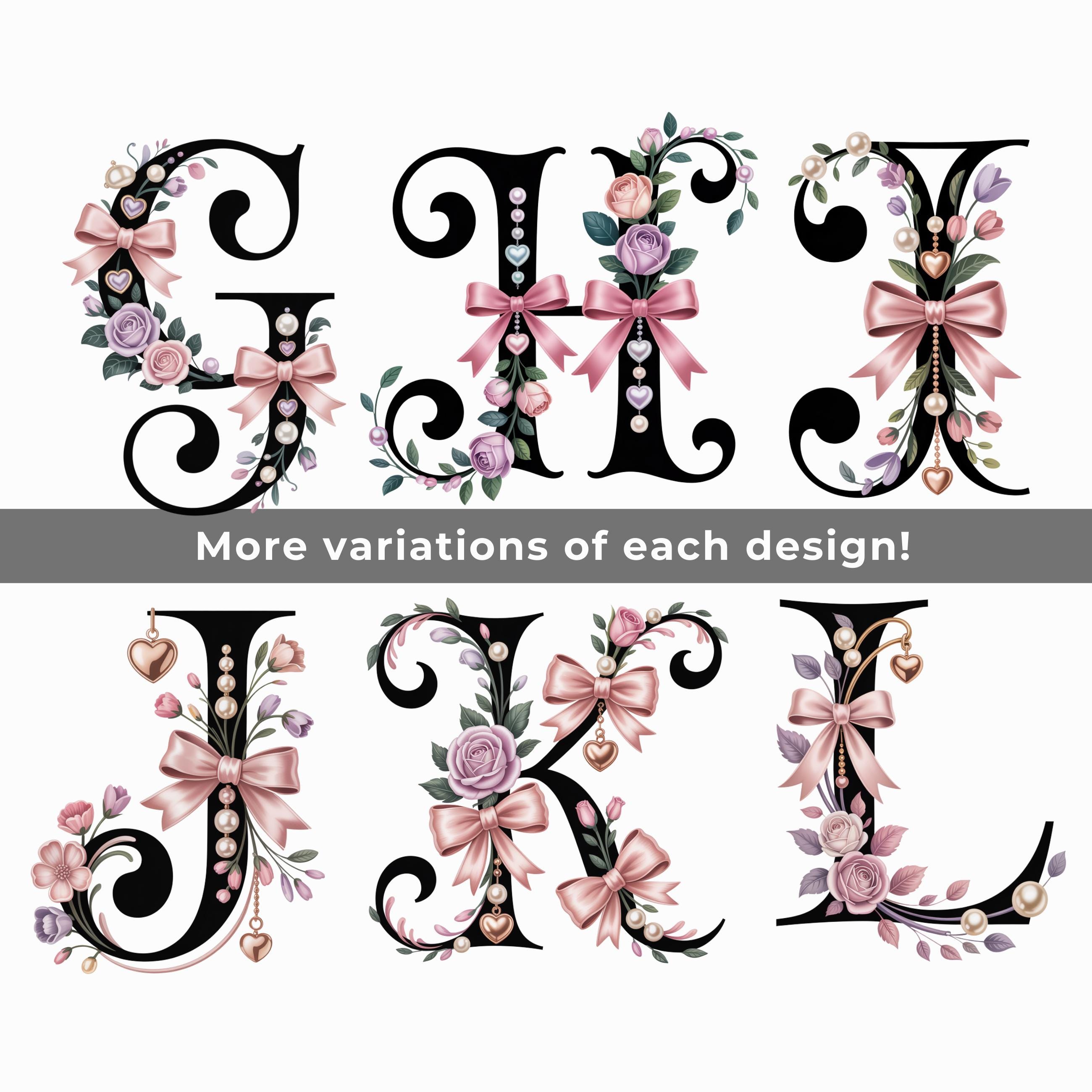 Elegant Coquette Floral Alphabet PNG SVG, Bow Letter Monogram Clipart ...