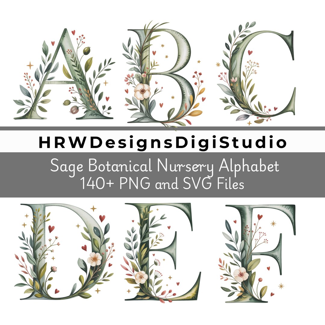 Floral Alphabet Clipart, Botanical Letters PNG SVG, Sage Green Flower ...