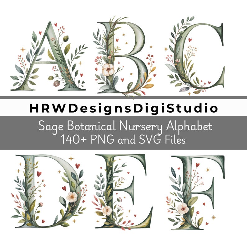 Floral Alphabet Clipart, Botanical Letters PNG SVG, Sage Green Flower ...