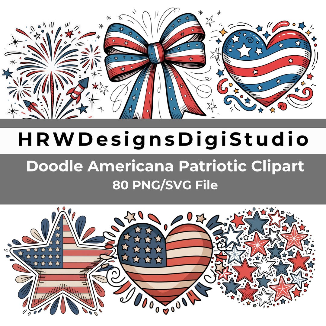 Patriotic Doodle Clipart Bundle PNG SVG, 4th of July Clipart Set ...