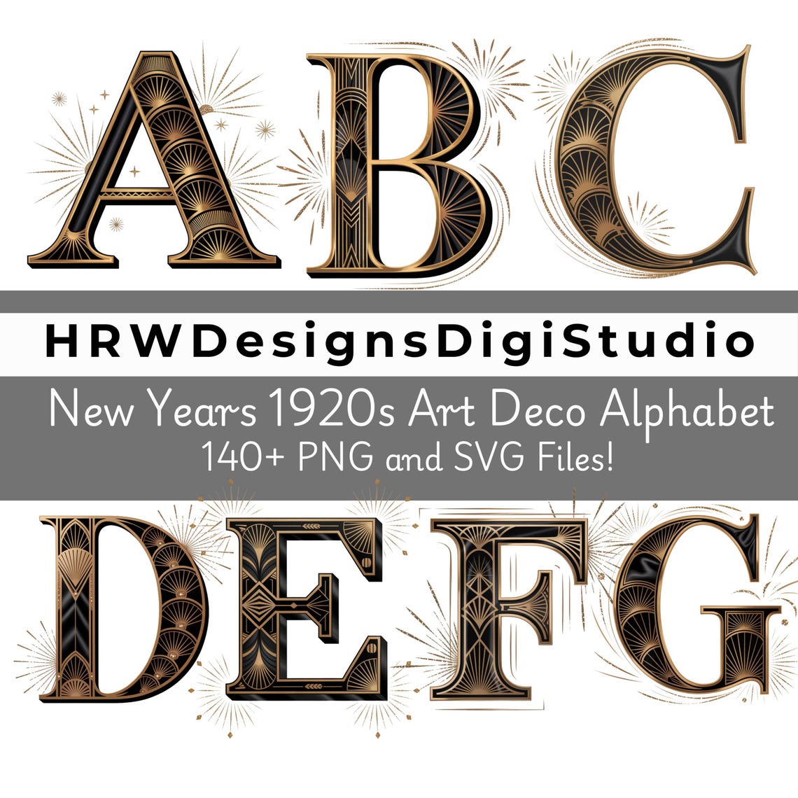Art Deco Alphabet Clipart, 1920s Gold Letters & Numbers, New Years PNG ...