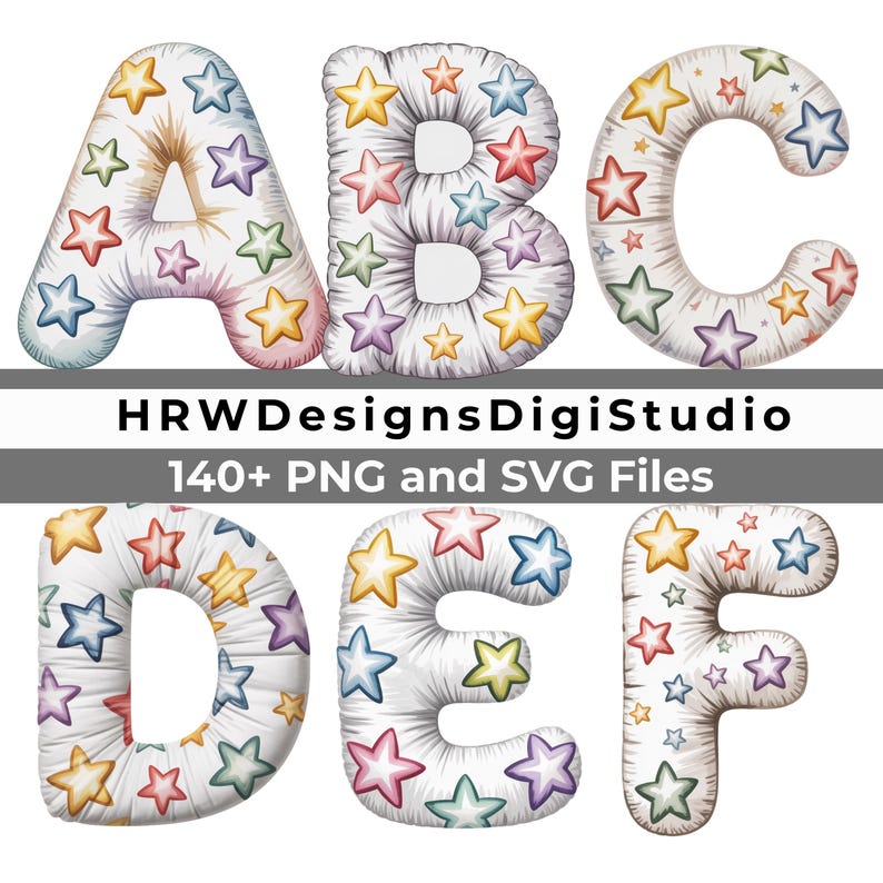 Puffy Rainbow Star Alphabet PNG SVG, Nursery Wall Art Letters, Baby ...