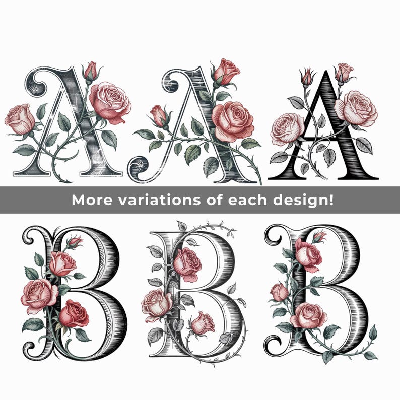 Gothic Rose Alphabet Clipart, Dark Vintage Engraved Letters PNG SVG ...