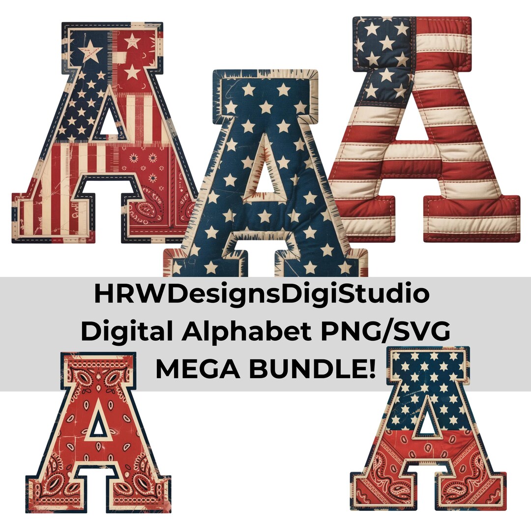 Patriotic Alphabet SVG PNG Mega Bundle, Americana Letters for POD ...