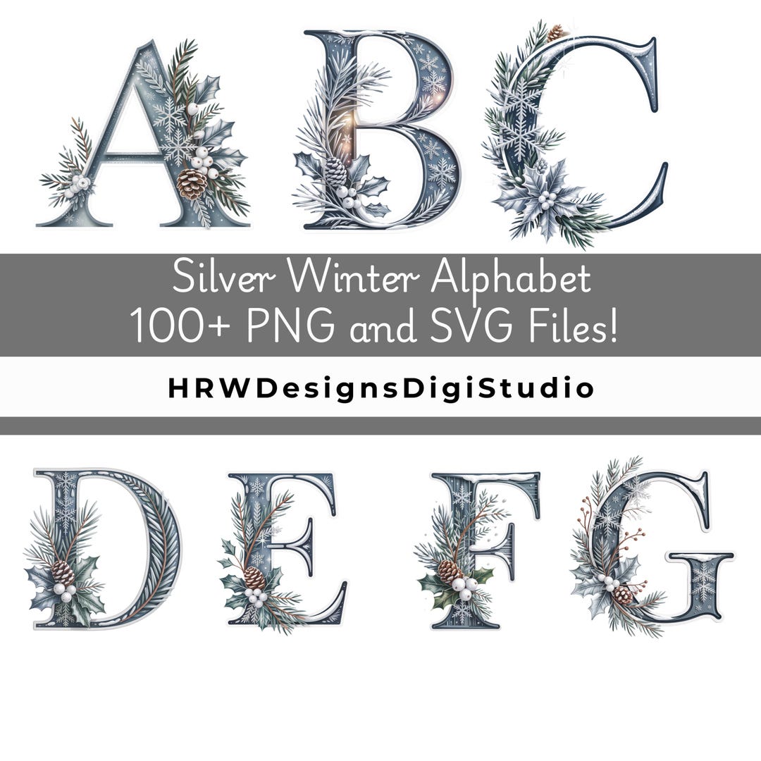 Silver Winter Alphabet Clipart, PNG SVG Letters Numbers, Winter Floral ...