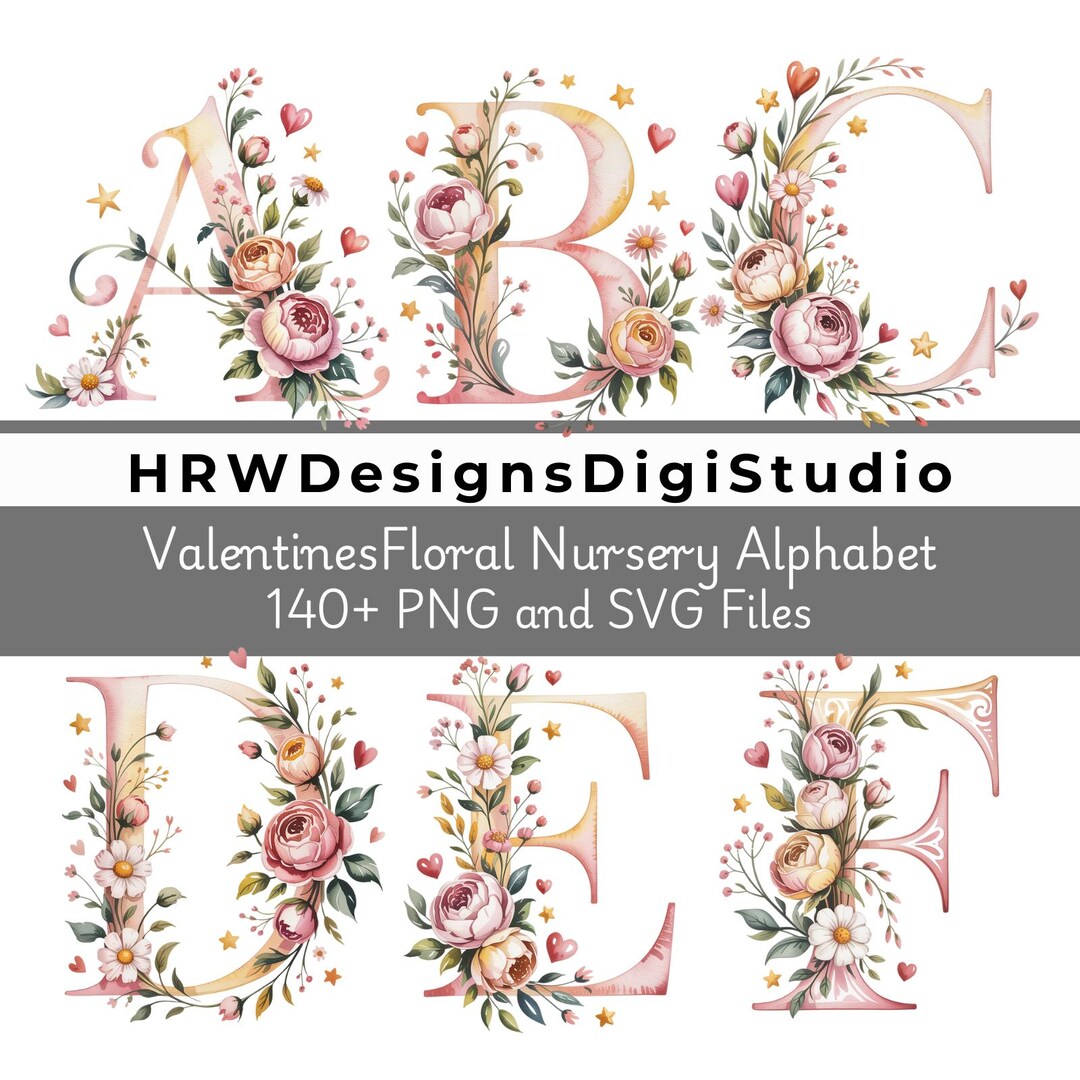 Valentine Floral Alphabet Clipart, Pink Nursery Letters PNG SVG ...