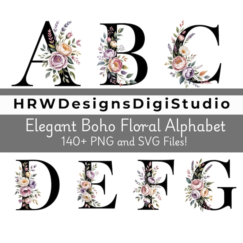 Boho Floral Alphabet PNG SVG, Botanical Monogram Letters, Flower ...