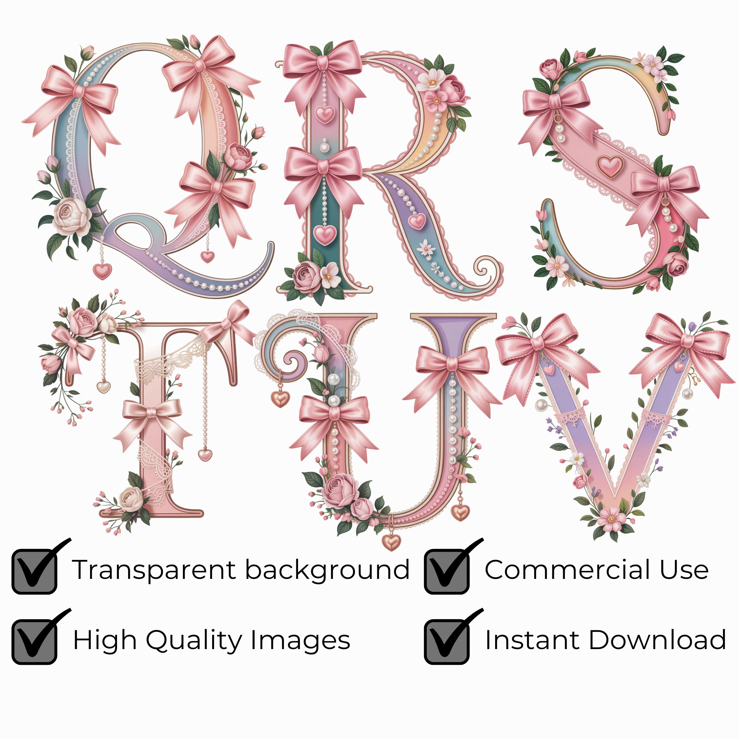 Valentines Coquette Alphabet PNG SVG, Pink Floral Letter Clipart ...