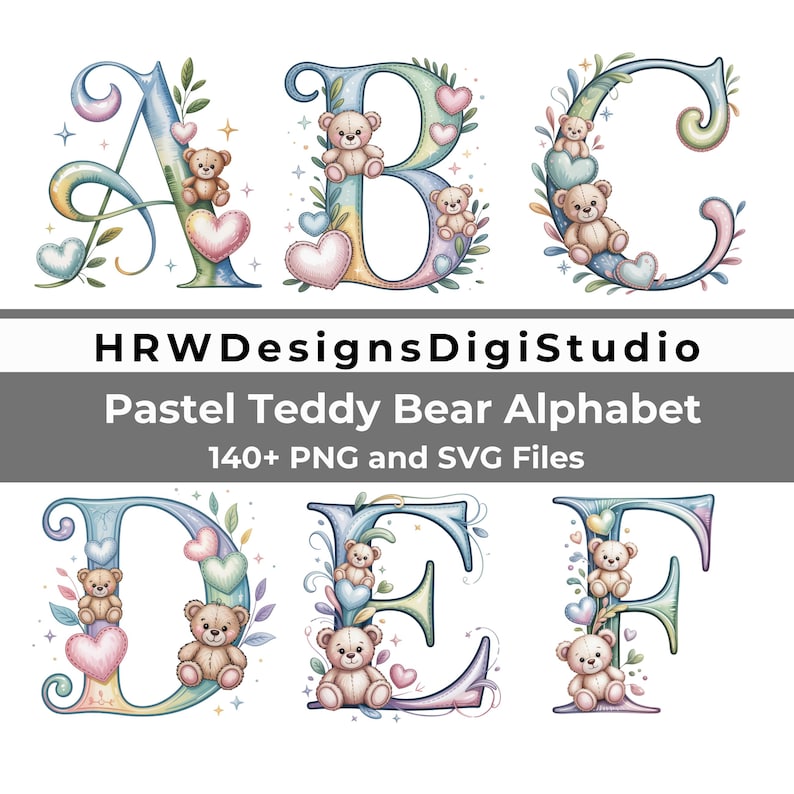 Pastel Teddy Bear Alphabet Clipart, Nursery Alphabet Letters PNG SVG ...
