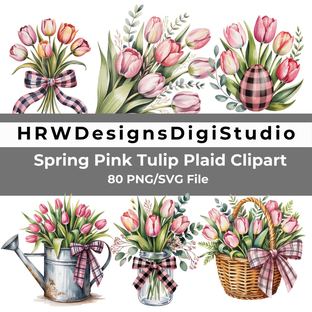 Spring Tulip Clipart Bundle, Pink Floral Plaid PNG, Easter Flowers PNG ...