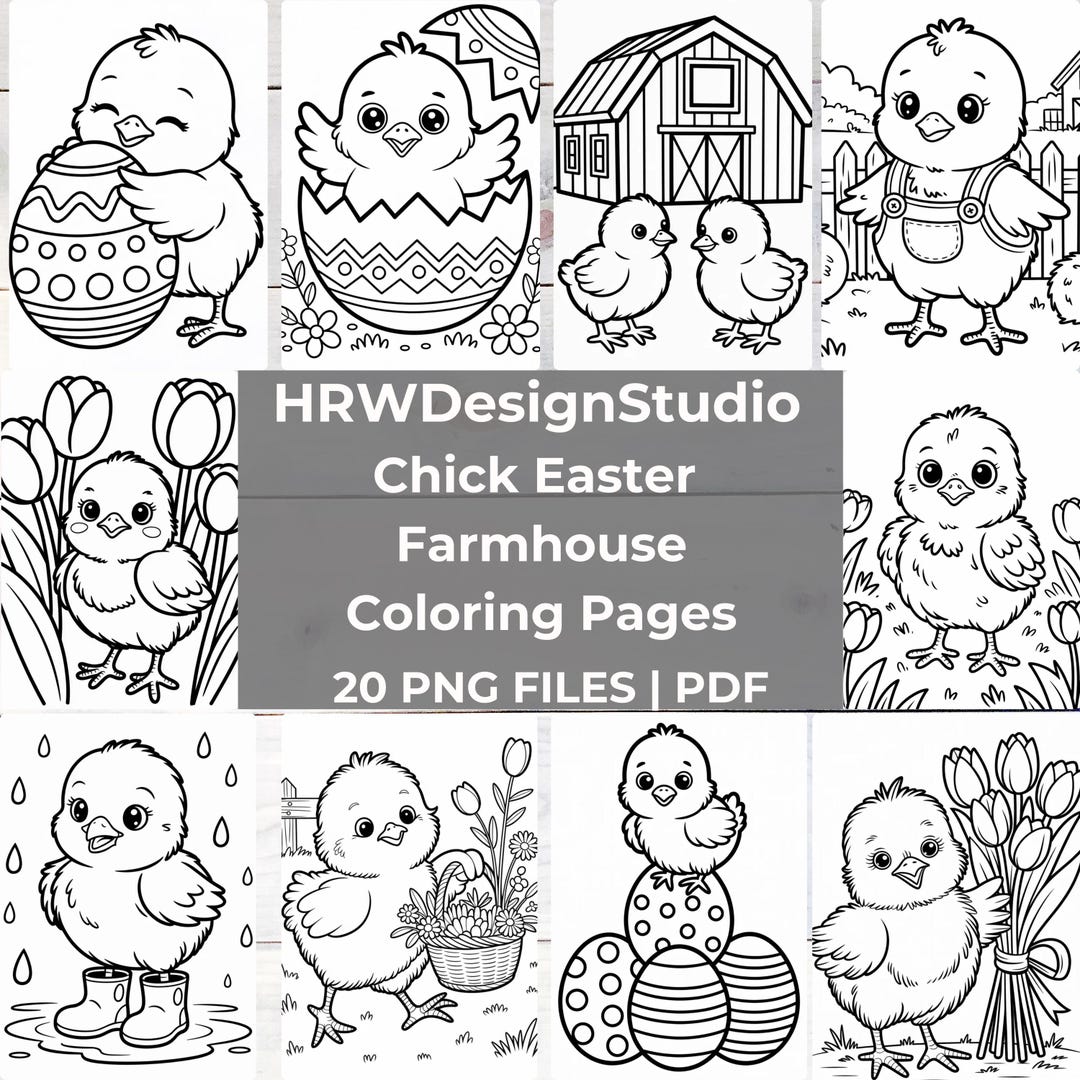 Baby Chick Easter Coloring Pages Bundle, Farmhouse Spring Printable ...
