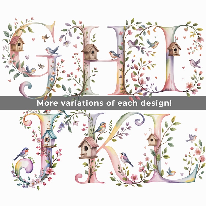 Spring Birdhouse Floral Alphabet Clipart, Pastel Woodland Letters PNG ...