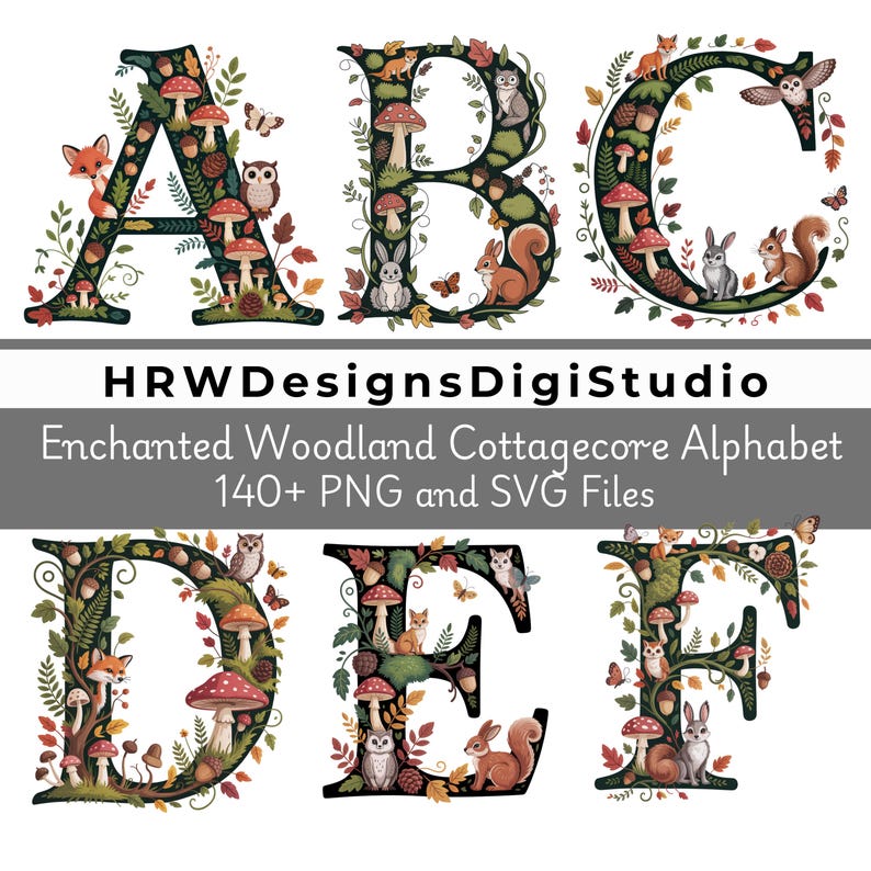 Woodland Alphabet SVG PNG Bundle, Cottagecore Forest Animals Letters ...