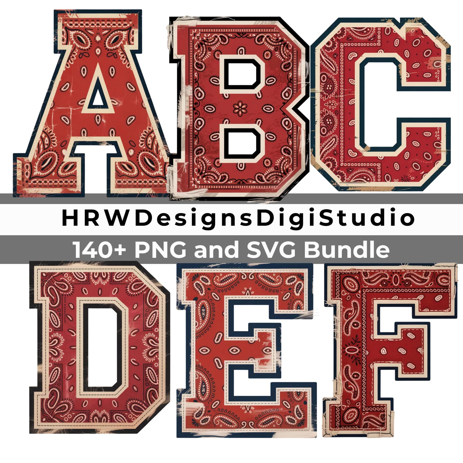 Americana Bandana Alphabet PNG SVG, Patriotic Red Bandana Letters, 4th ...