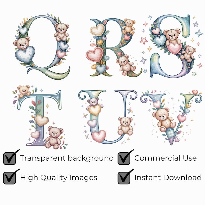 Pastel Teddy Bear Alphabet Clipart, Nursery Alphabet Letters PNG SVG ...