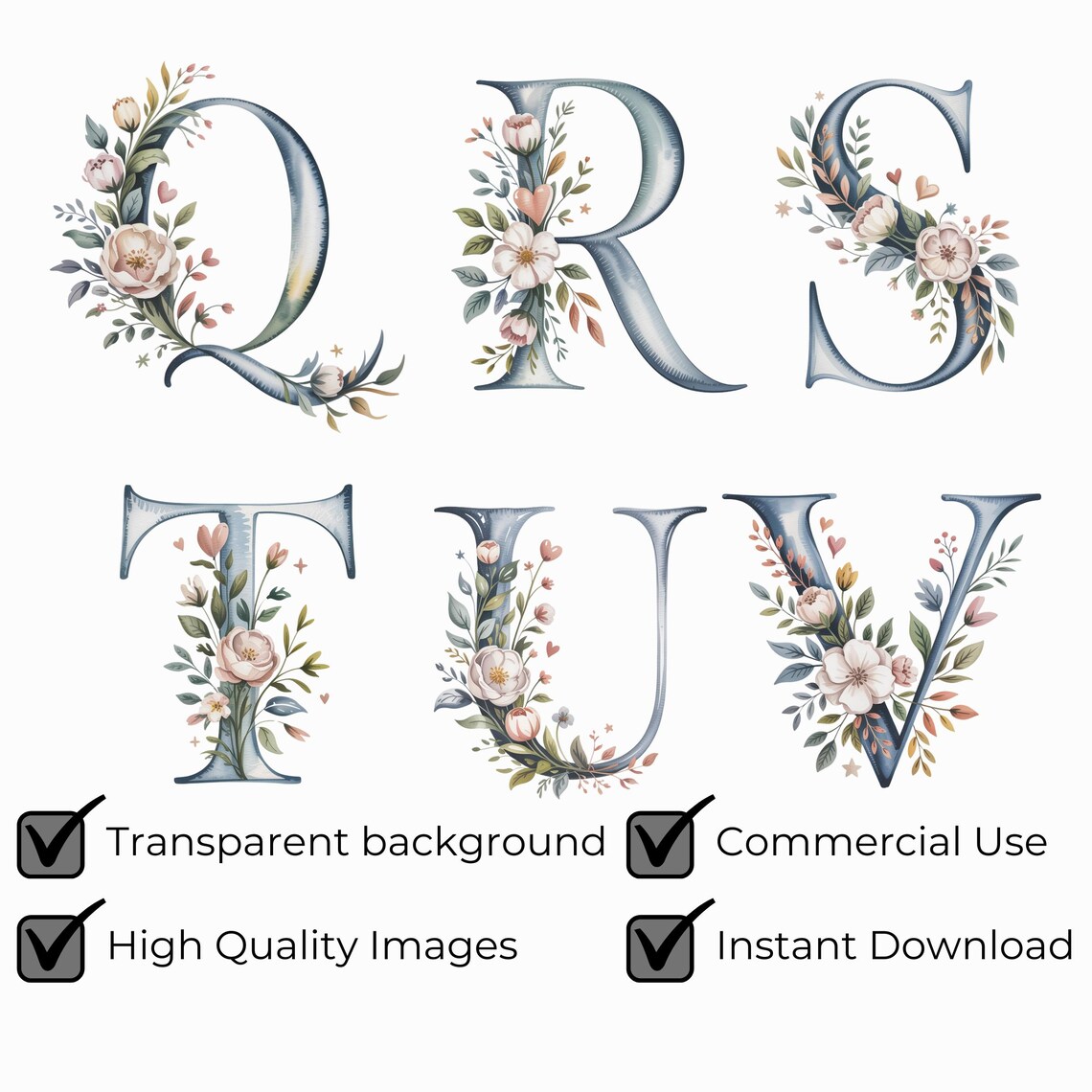 Blue Floral Alphabet Clipart, Floral Letter Alphabet PNG, Botanical ...