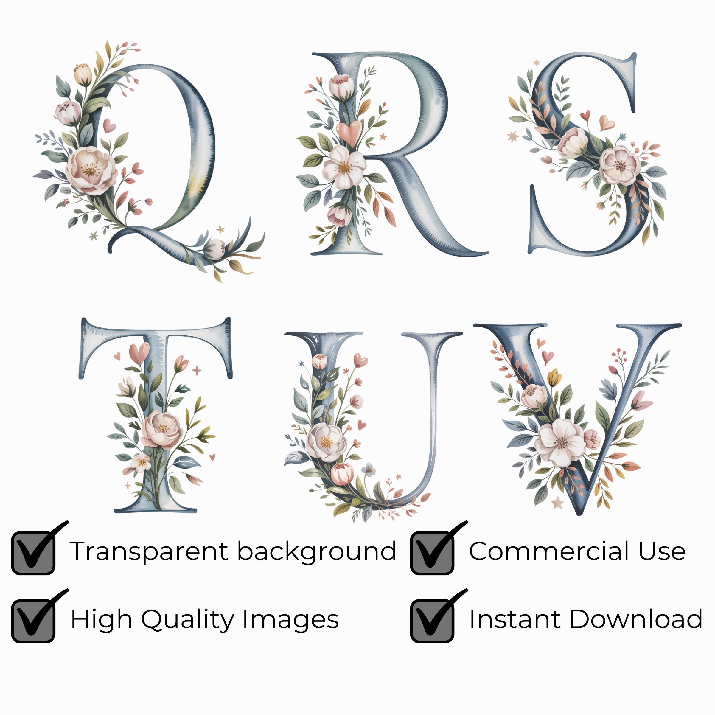 Blue Floral Alphabet Clipart, Floral Letter Alphabet PNG, Botanical ...