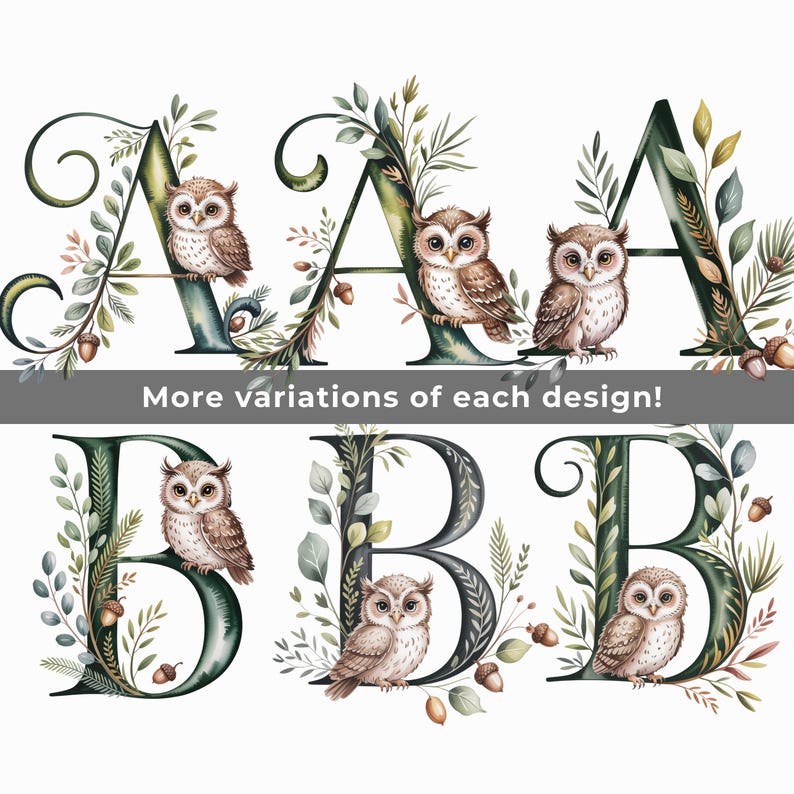 Woodland Owl Nursery Alphabet PNG SVG, Baby Name Letters, Botanical ...