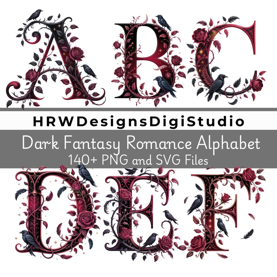 Gothic Wedding Monogram Alphabet PNG SVG, Dark Romance Letters, Raven ...