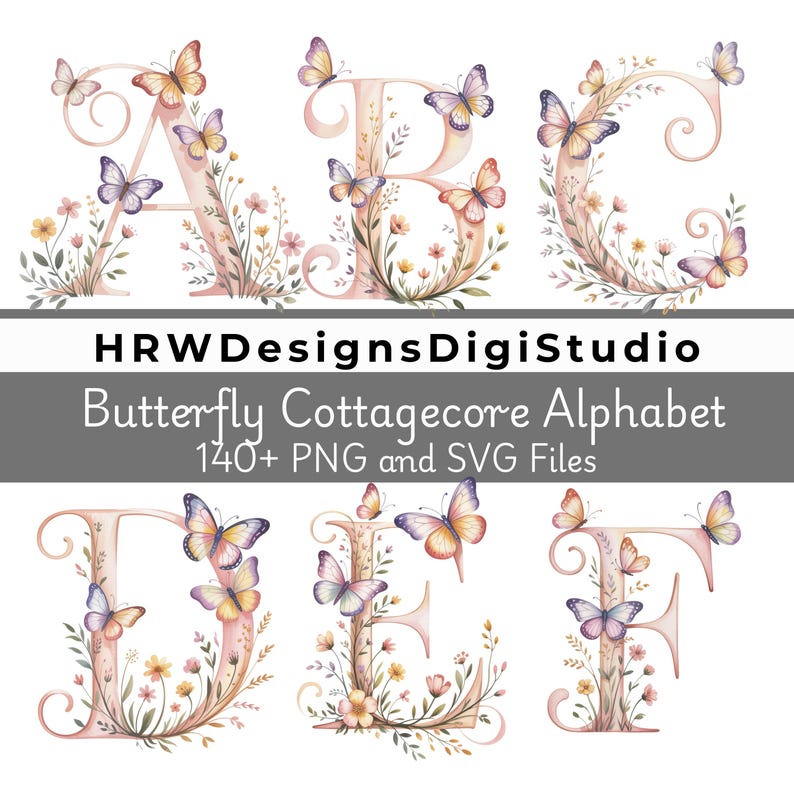 Butterfly Cottagecore Alphabet PNG SVG, Nursery Wall Art Letters, Baby ...