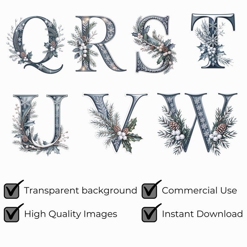 Silver Winter Alphabet Clipart, PNG SVG Letters Numbers, Winter Floral ...