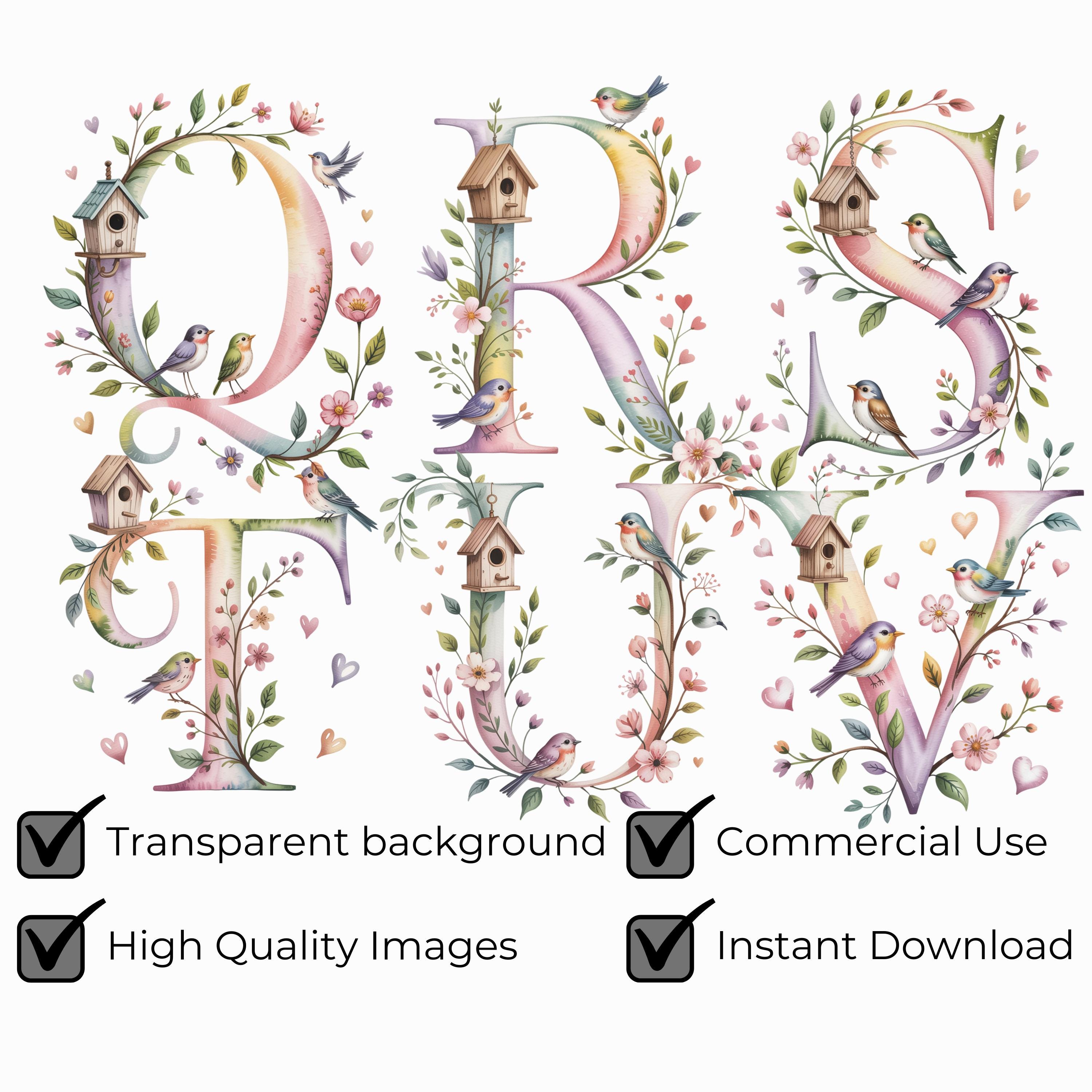 Spring Birdhouse Floral Alphabet Clipart, Pastel Woodland Letters PNG ...