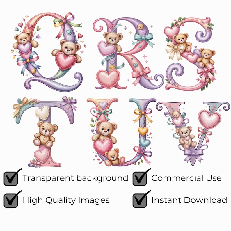 Pastel Teddy Bear Alphabet Clipart, Valentine Alphabet PNG SVG, Cute ...