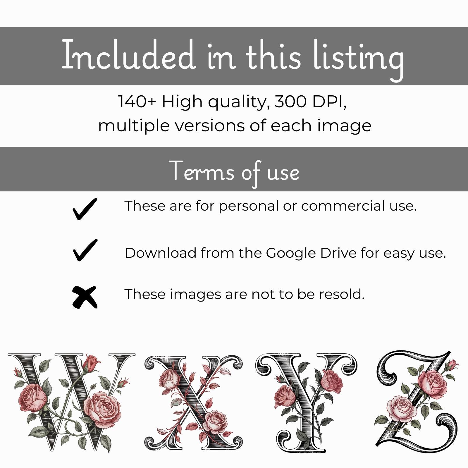 Gothic Rose Alphabet Clipart, Dark Vintage Engraved Letters PNG SVG ...