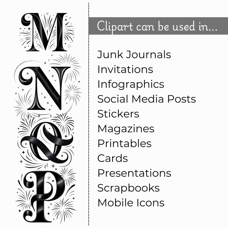 Black Satin New Year’s Eve Alphabet, NYE Letter Clipart, Fireworks ...