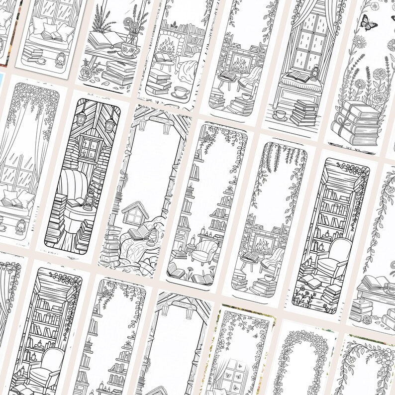 Cottagecore Coloring Bookmarks Printable, Color Your Own Bookmark Set ...