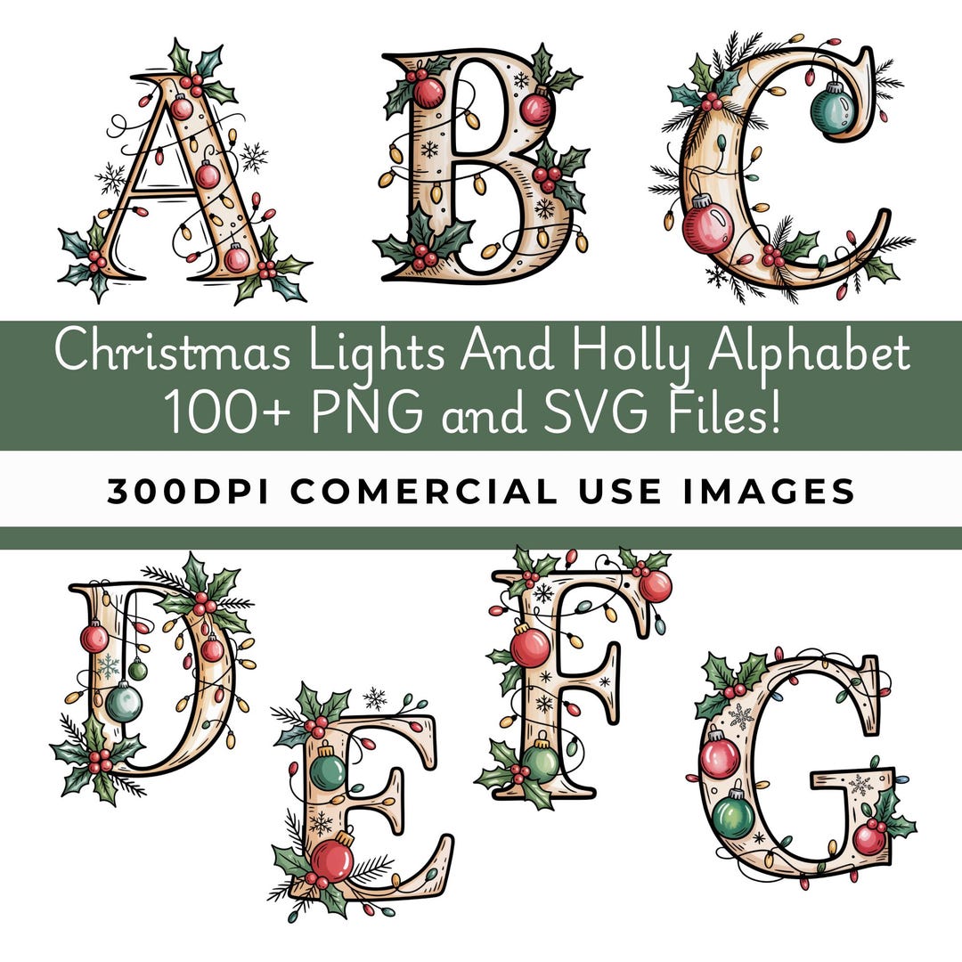 Christmas Lights Alphabet Clipart, Holly Letter PNG SVG Set, Xmas ...