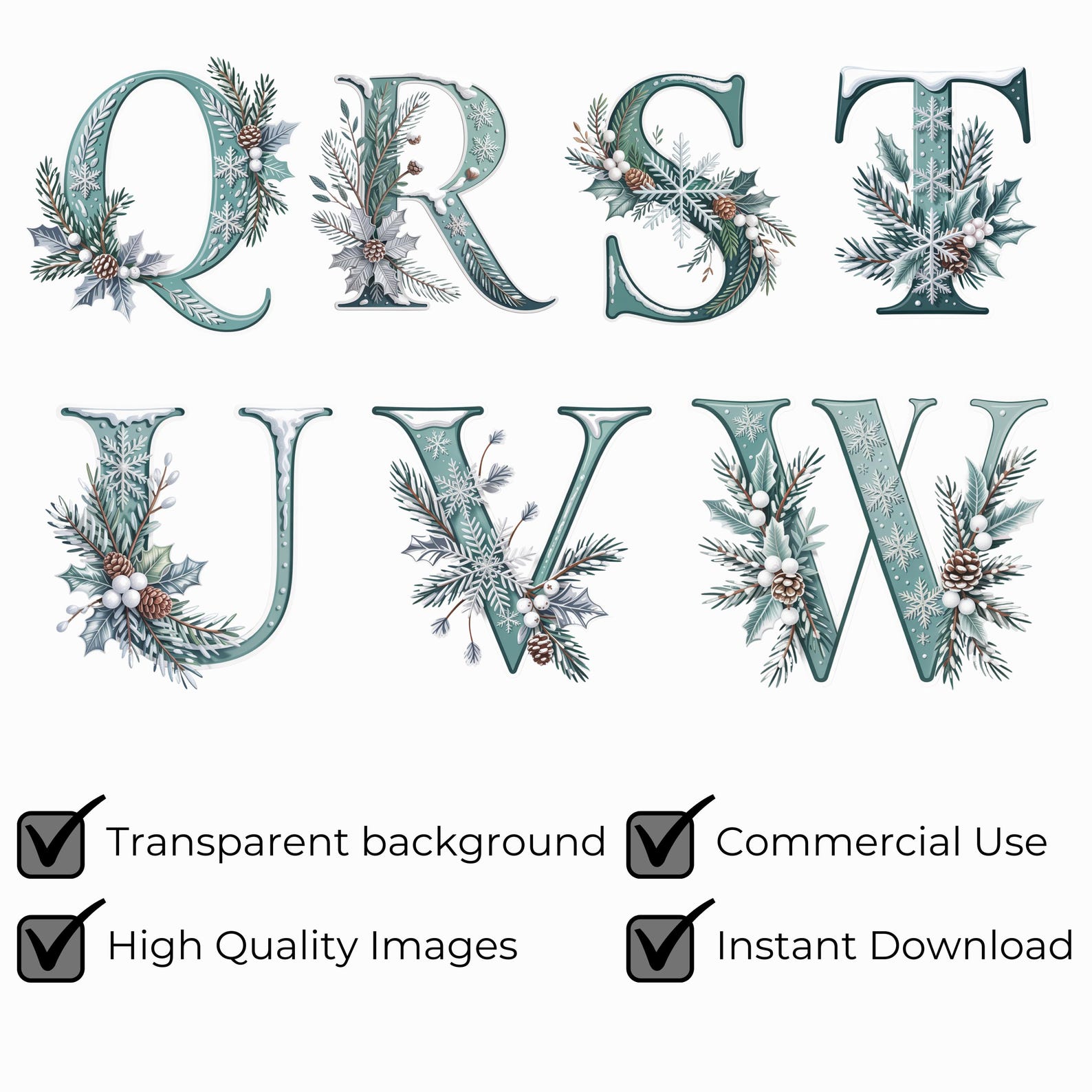 Mint Green Winter Alphabet Clipart, Snowflake Letters & Numbers, PNG ...