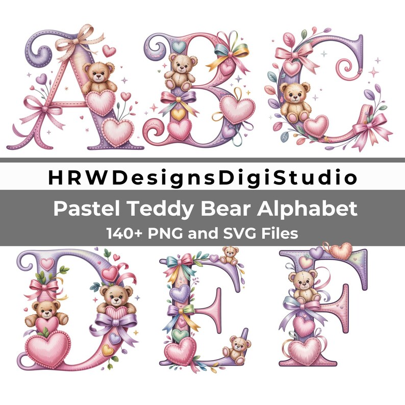 Pastel Teddy Bear Alphabet Clipart, Valentine Alphabet PNG SVG, Cute ...