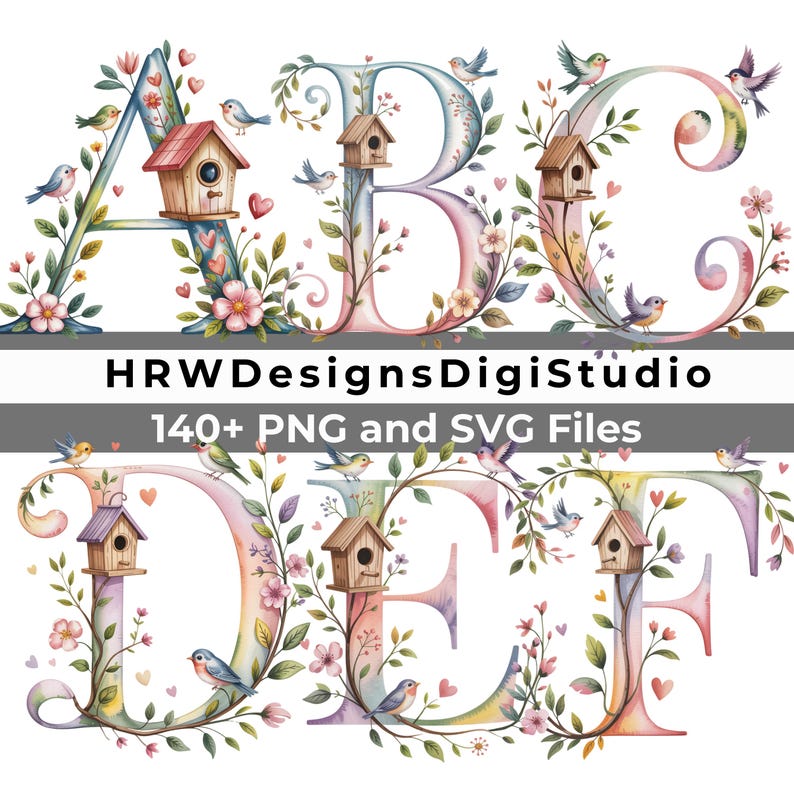 Spring Birdhouse Floral Alphabet Clipart, Pastel Woodland Letters PNG ...