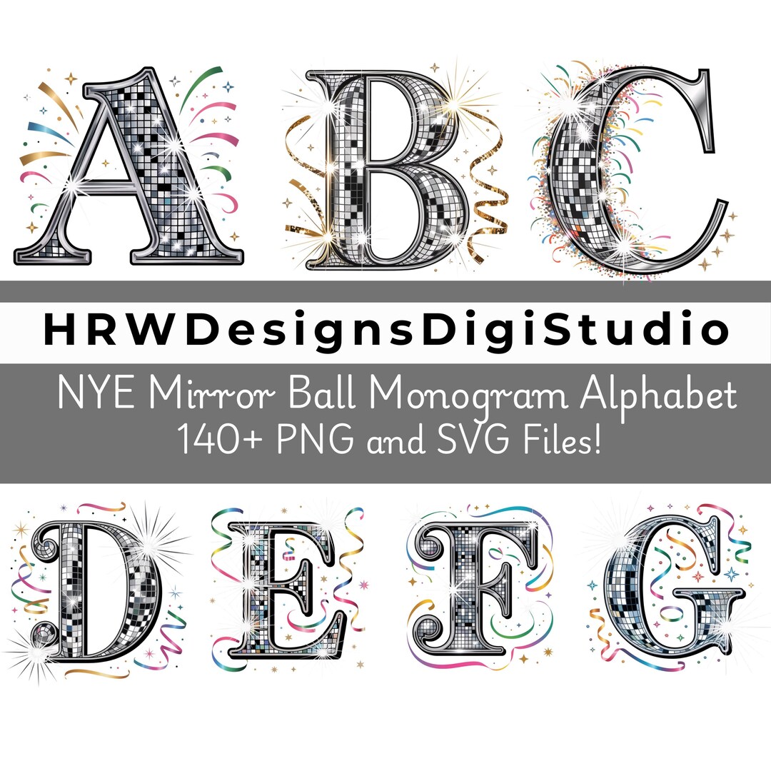 NYE Mirror Ball Monogram Alphabet, Disco Letter Clipart, Glitter Party ...