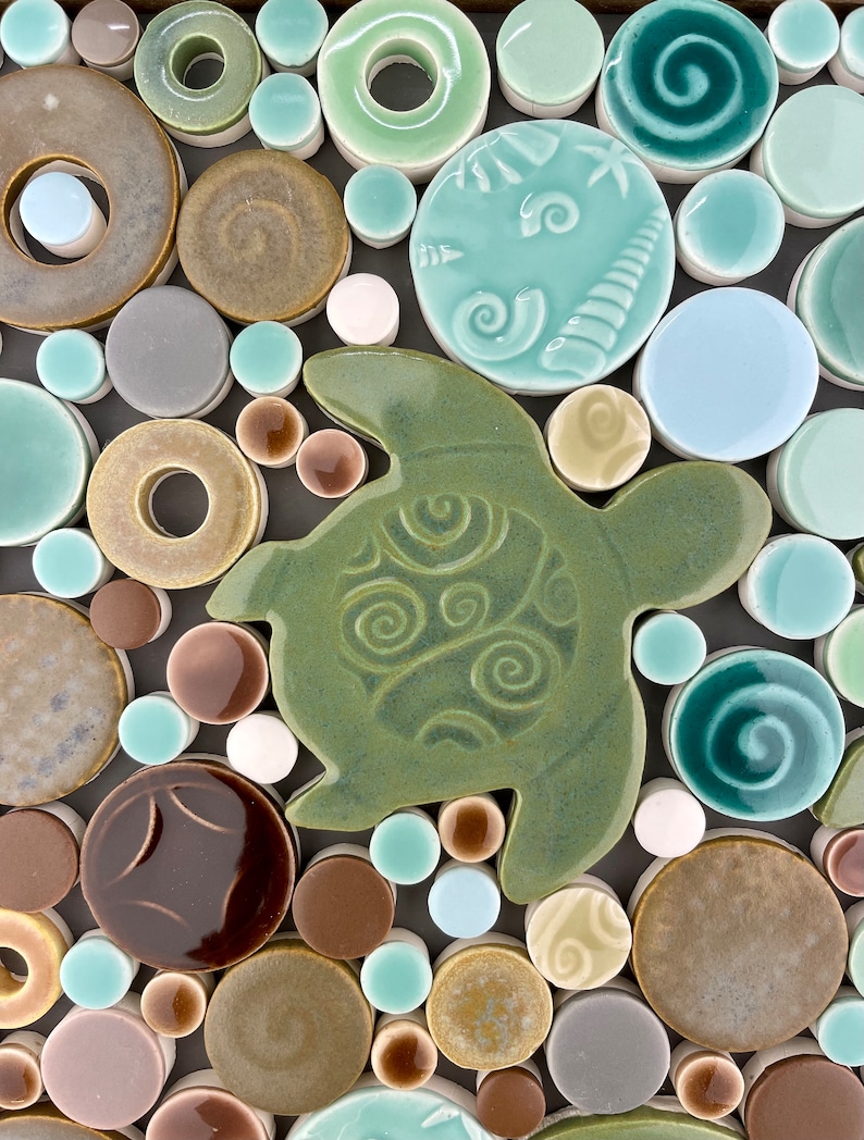 Baby Sea Turtles Mosaic, Green, Handmade Ceramic Tile Mosaic, Ready to ...