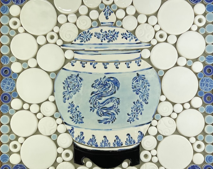 Dragon Ginger Jar Mosaic, Blue and White, Handmade Ceramic Tile Mosaic ...
