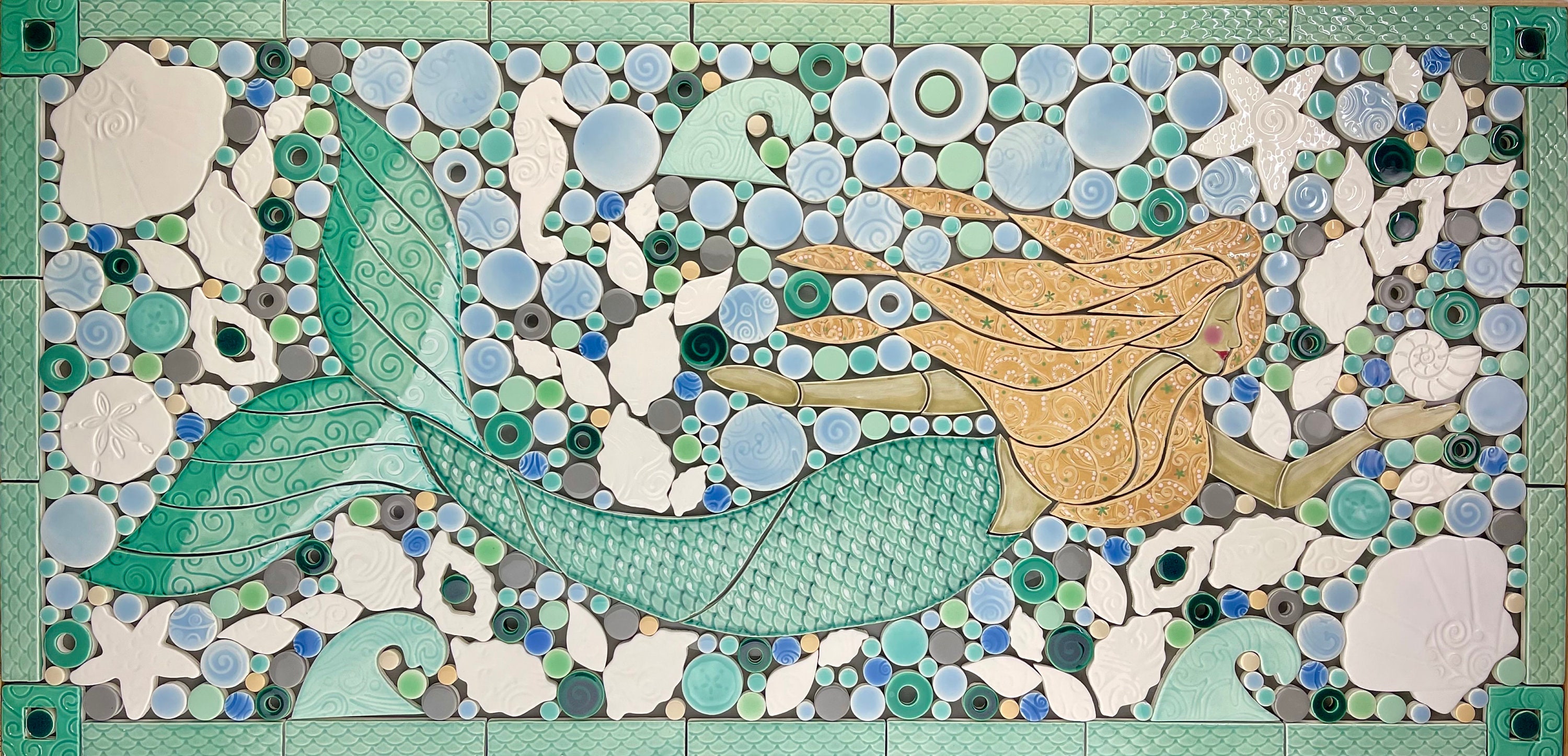Mermaid Mosaic, Large, Jade & Blonde, Handmade Ceramic Tile Mosaic ...