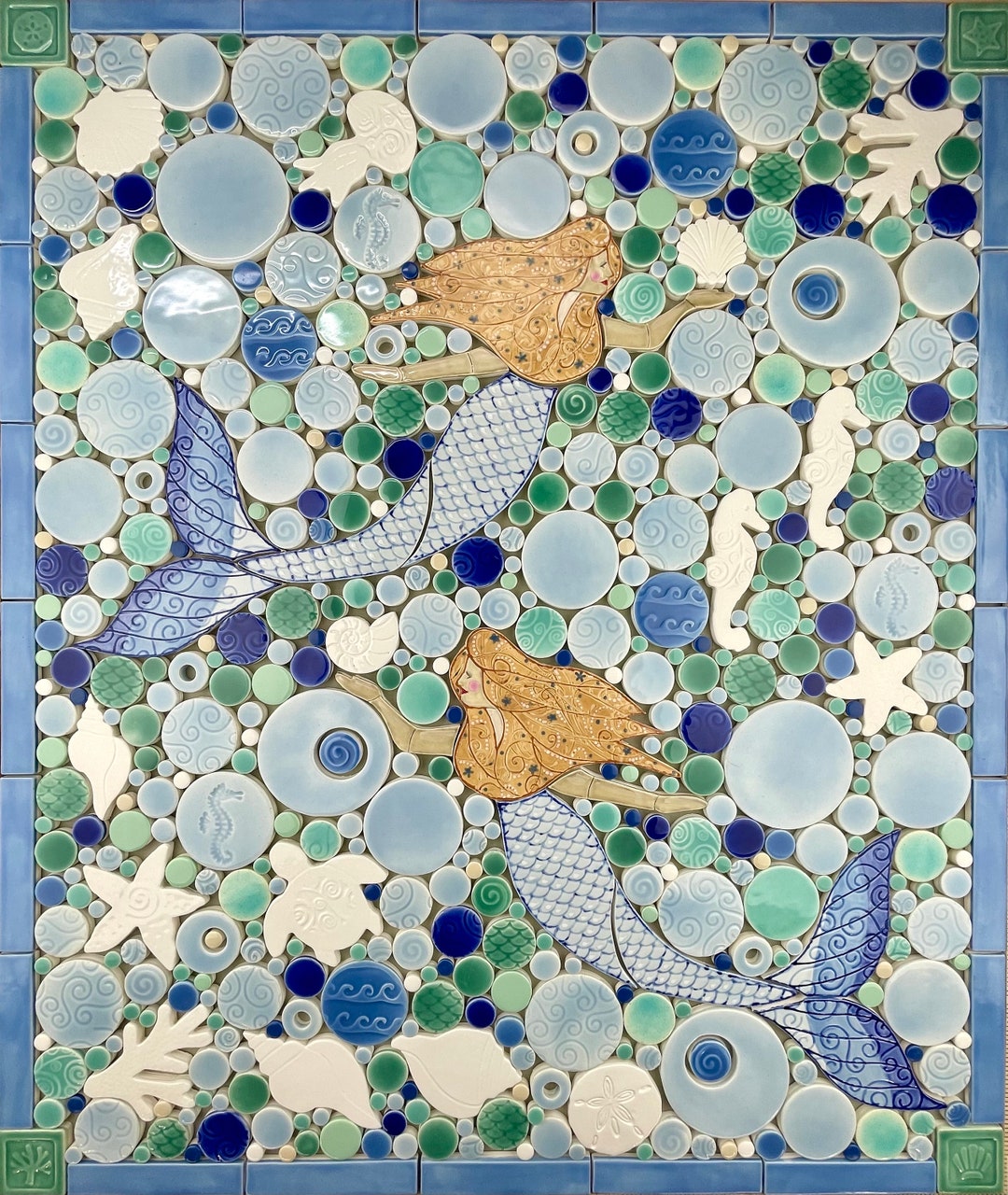 Mermaids Mosaic, Blue, Handmade Ceramic Tile Mosaic, Ready to Install ...