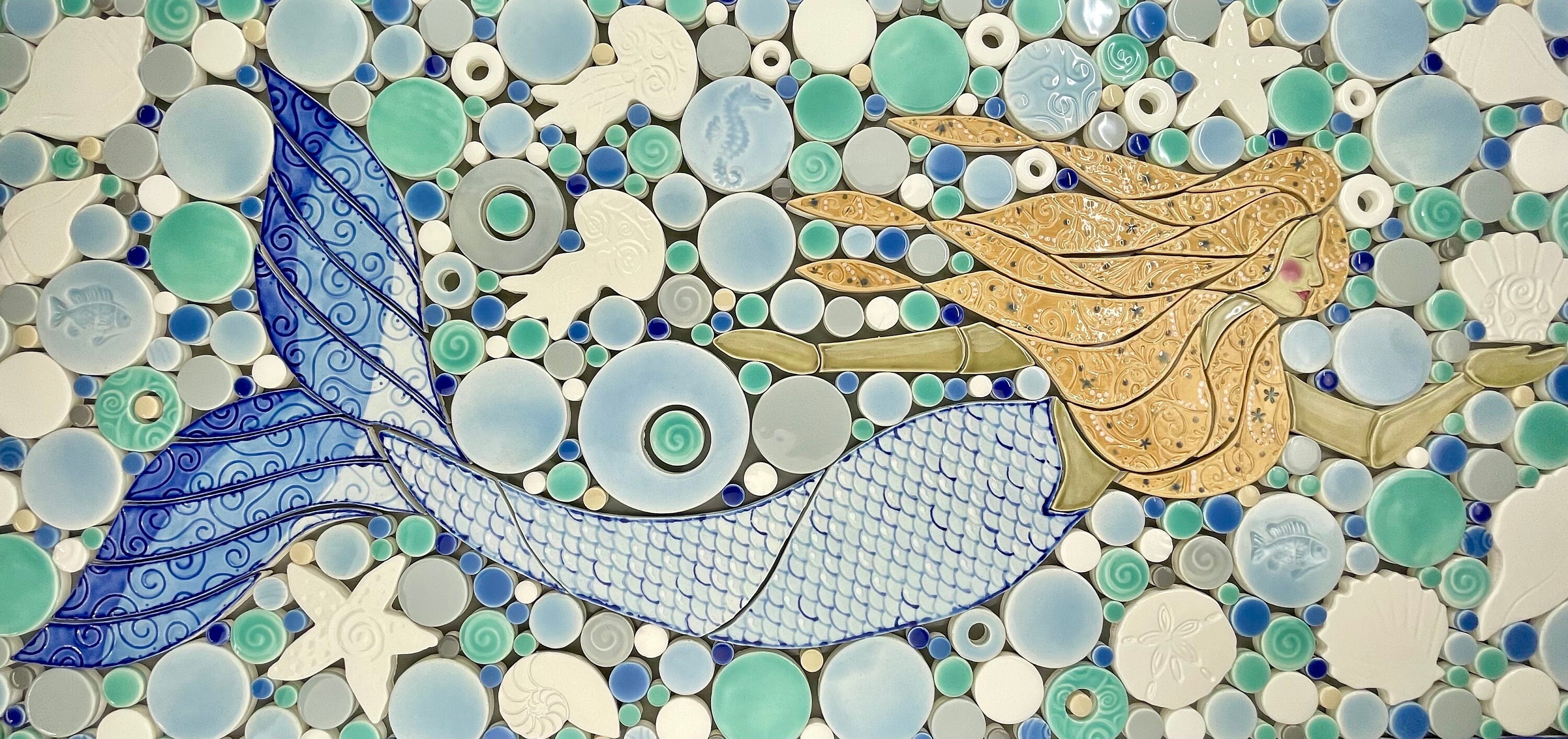 Mermaid Mosaic, Large Blue & Blonde, Handmade Ceramic Tile Mosaic ...