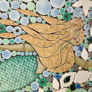Mermaid Mosaic, Large, Jade & Blonde, Handmade Ceramic Tile Mosaic ...