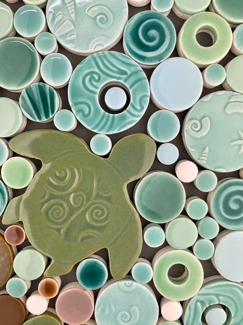 Baby Sea Turtles Mosaic, Green, Handmade Ceramic Tile Mosaic, Ready to ...